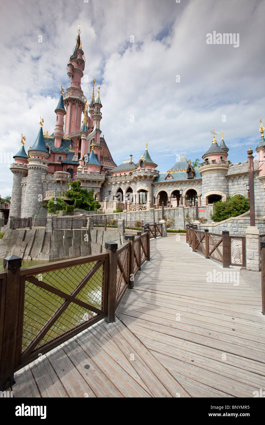 Bridge leading to Cinderella's castle at Euro Disney in Paris, France ...