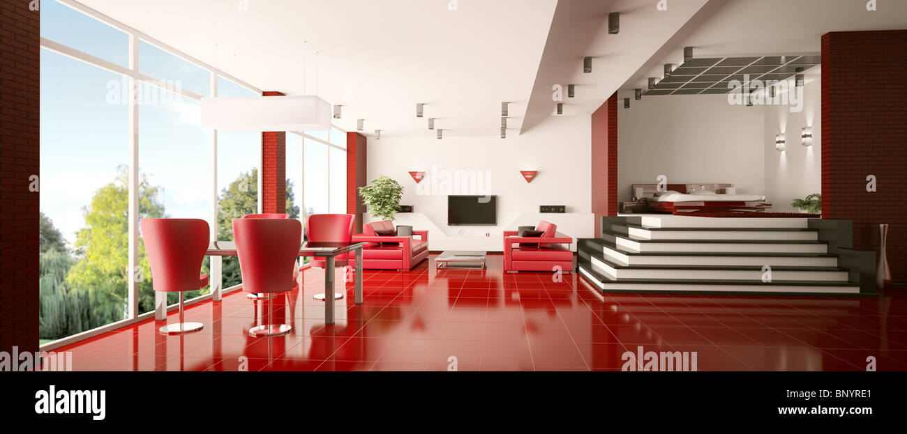 Modern apartment with red tiled floor interior panorama 3d render Stock ...