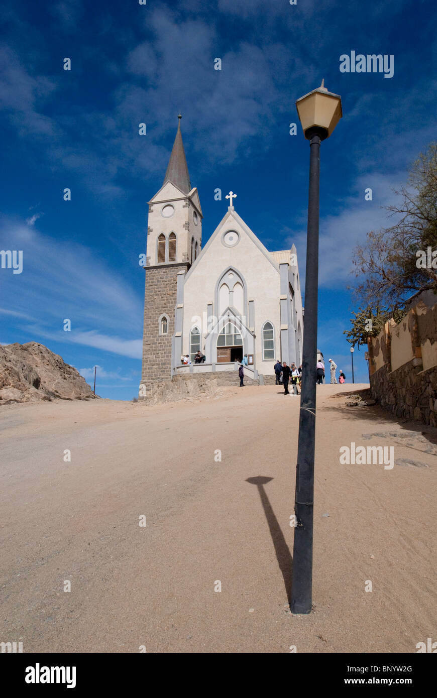 Africa, Namibia, Luderitz. Neo-Gothic Lutheran Felsenkirche (church ...