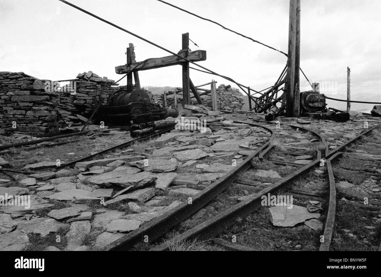 Black and white Disused train tracks Stock Photo - Alamy