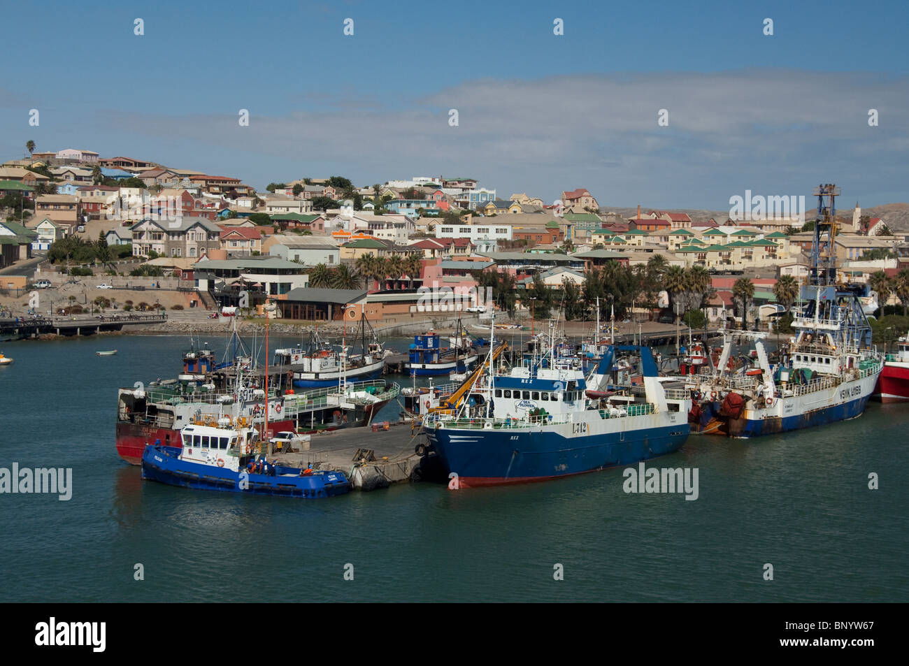 Africa, Namibia, Luderitz. Waterfront port area of Luderitz, fishing ...