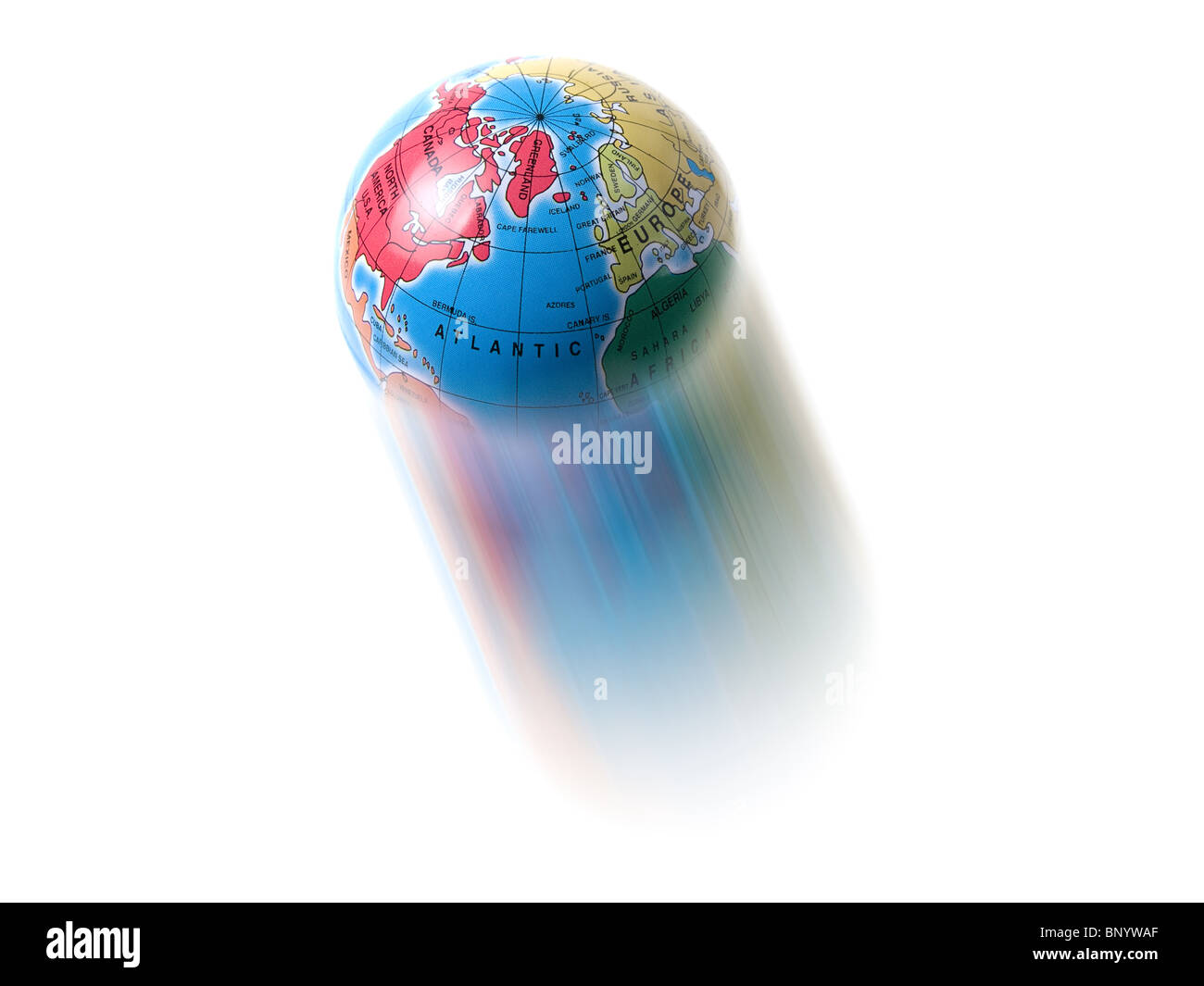 Earth globe isolated on a white background with a motion blurred trail ...