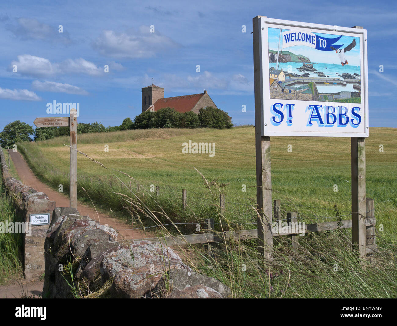 Welcome to St Abbs Sign next to Public Footpath and Field with St Abbs ...
