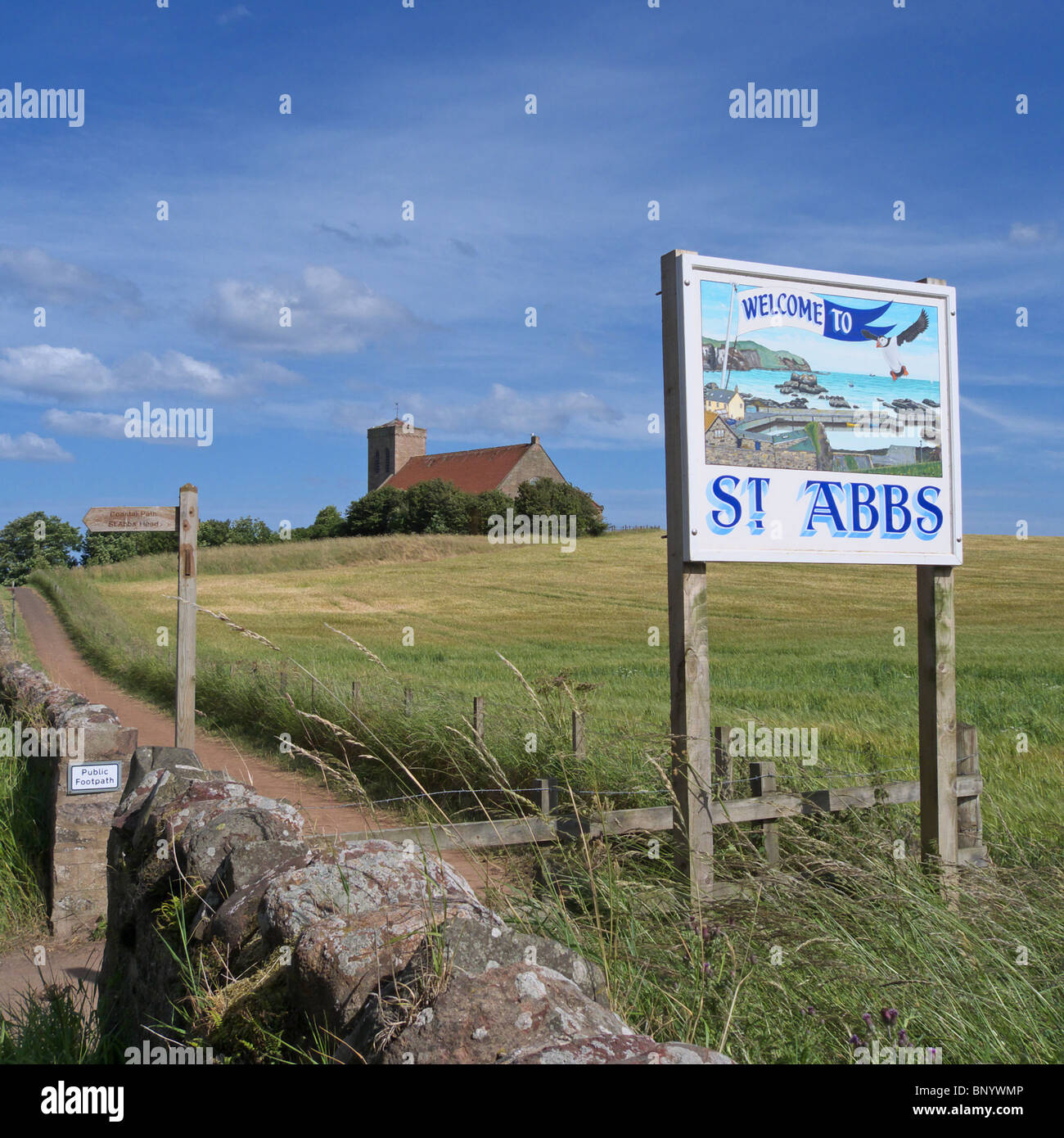 Welcome to St Abbs Sign next to Public Footpath and Field with St Abbs ...