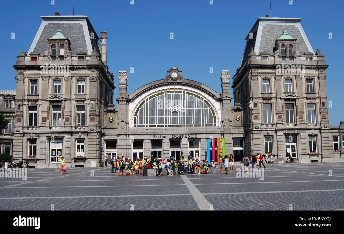 Large group of children in front of the railway station, Ostend, West ...