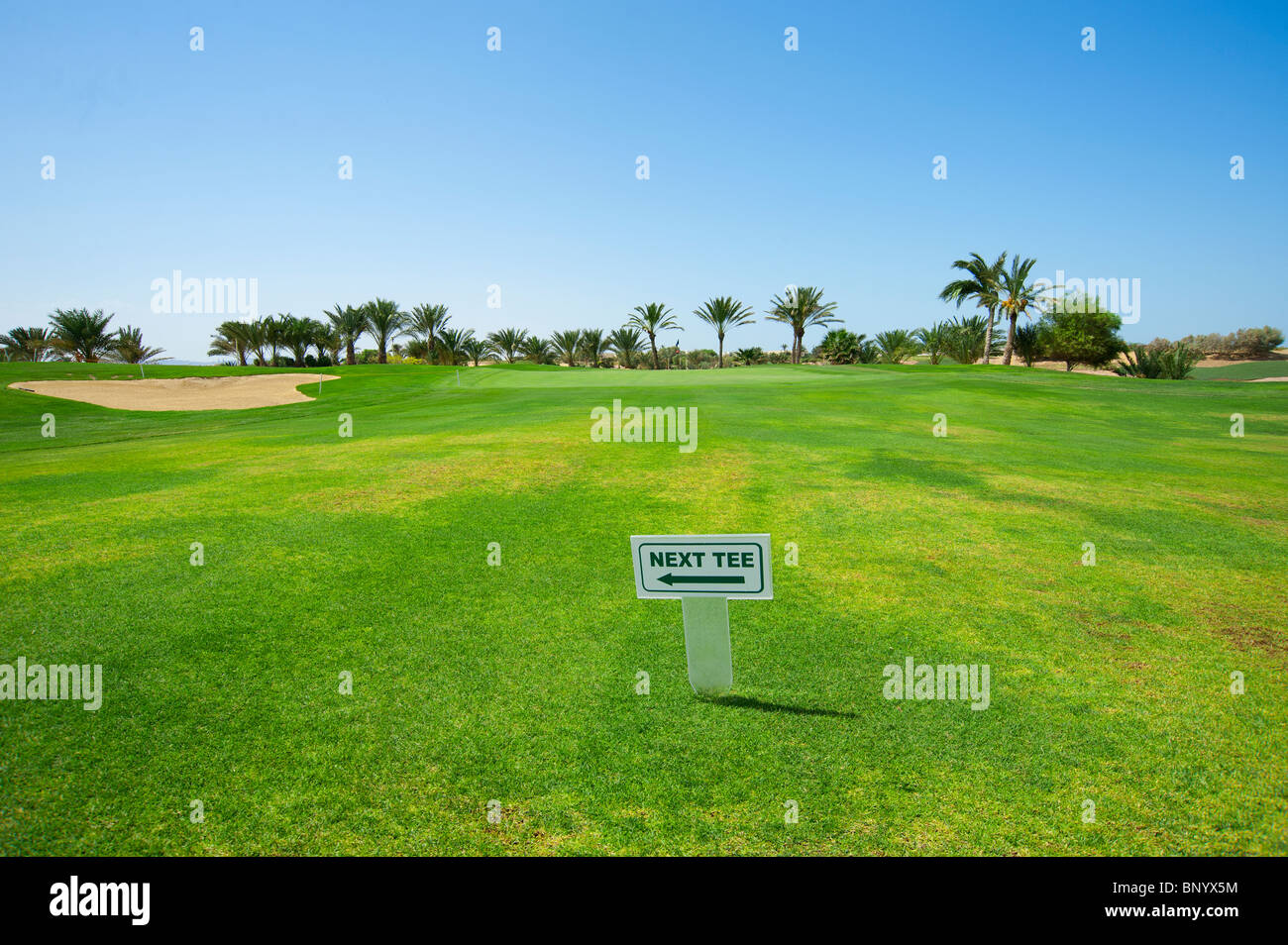 Sign on the fairway of a golf course indicating way to next hole Stock ...