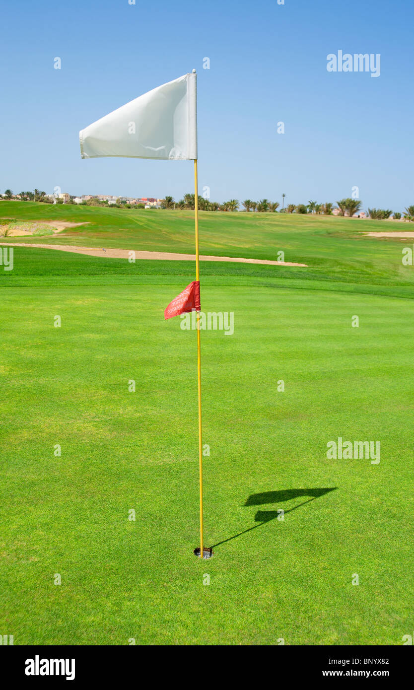 Golf flag in the hole on a couse green Stock Photo - Alamy