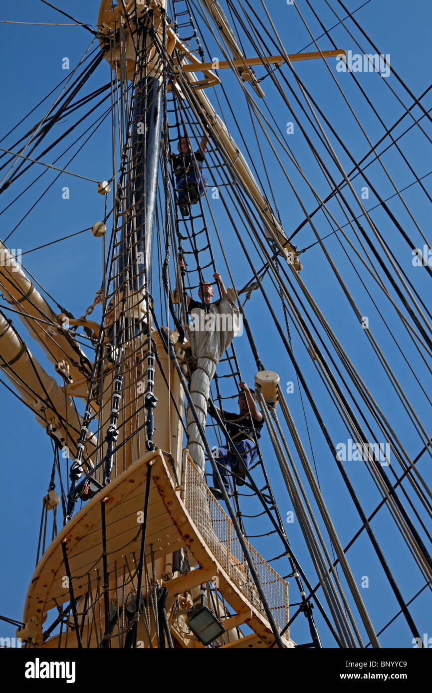 New cadets entering the rig of the Danish training ship MS Danmark in ...