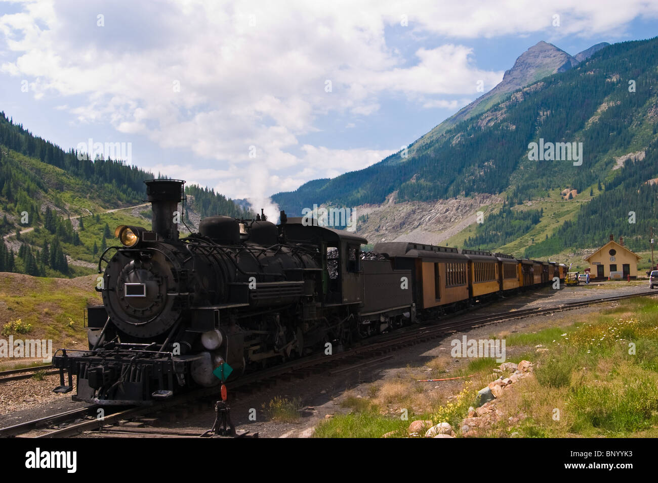 The historic narrow gauge Durango-Silverton steam locomotive approaches ...