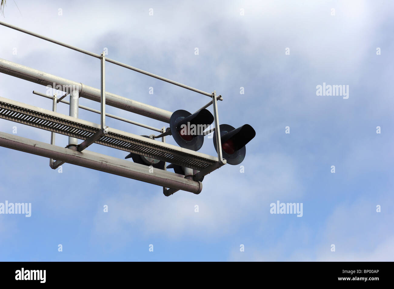 Railroad warning lights on steel beam against the sky Stock Photo - Alamy