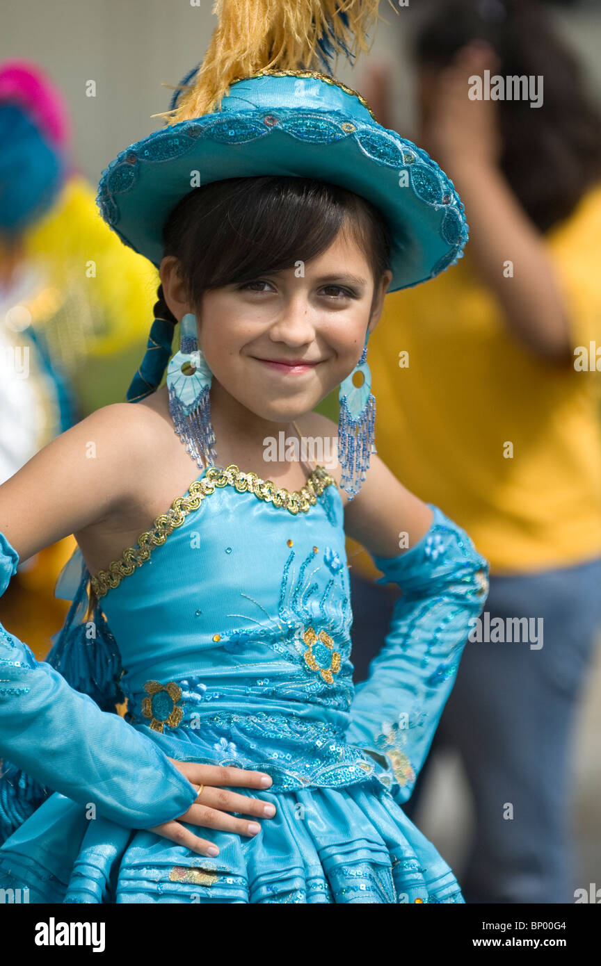 A young girl in Bolivian garb at the La Habra Corn Festival parade ...