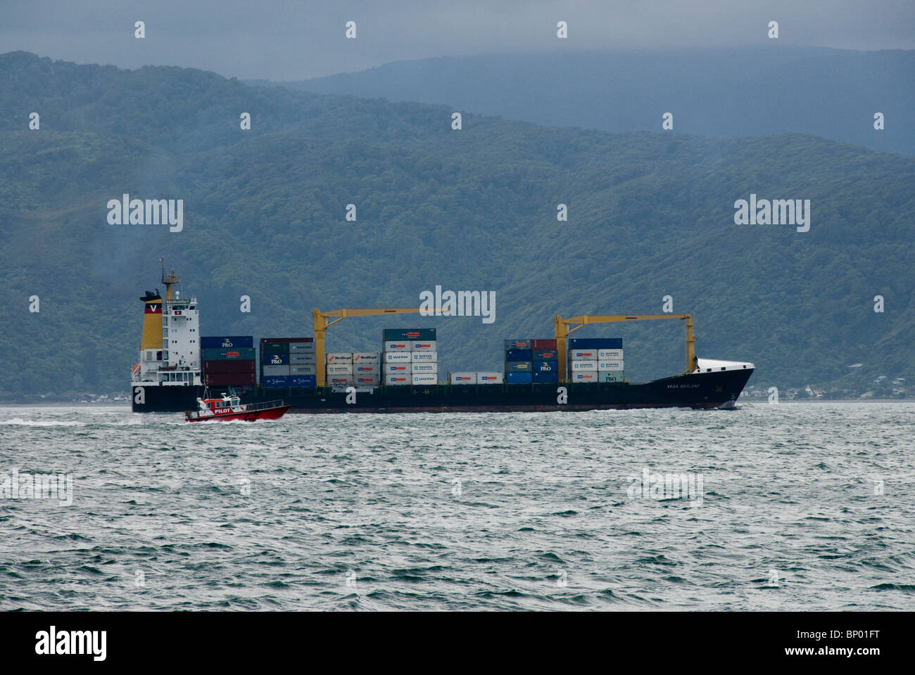 Container ship and pilot boat leaving Wellington harbour, North Island ...