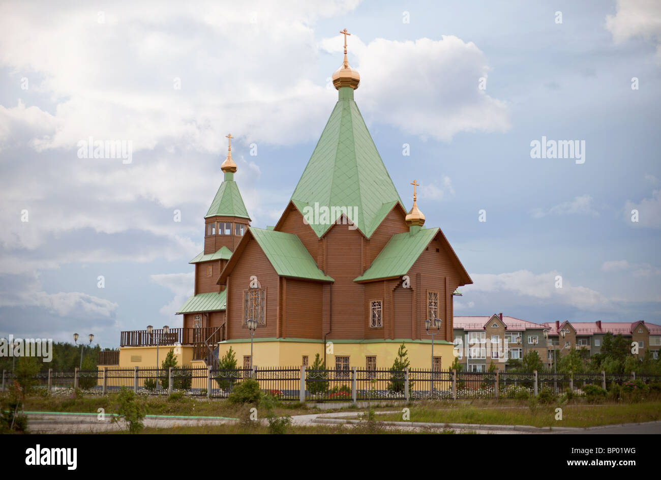 Modern Christian wooden church in a country town Stock Photo - Alamy