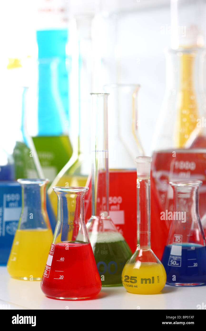 Different chemicals in test tubes, glass container, in a laboratory ...