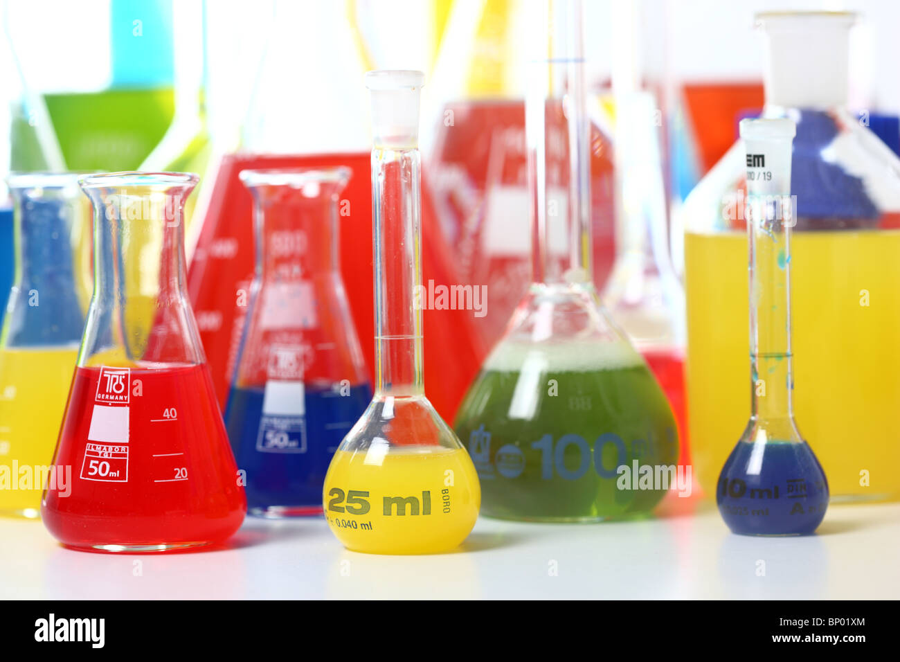 Different chemicals in test tubes, glass container, in a laboratory ...