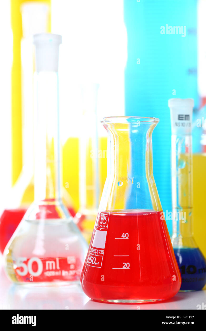 Different chemicals in test tubes, glass container, in a laboratory ...