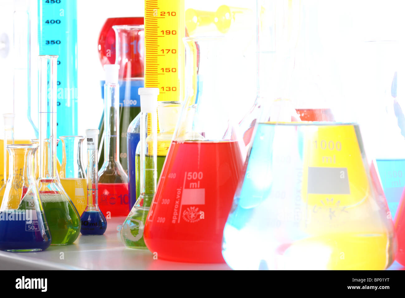 Different chemicals in test tubes, glass container, in a laboratory ...