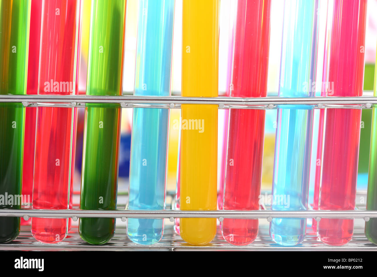 Different chemicals in test tubes, glass container, in a laboratory ...