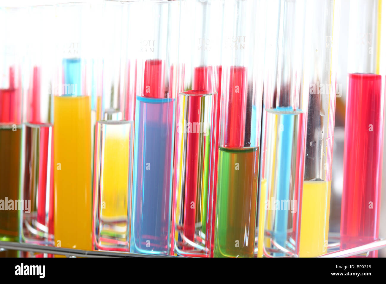 Different chemicals in test tubes, glass container, in a laboratory ...