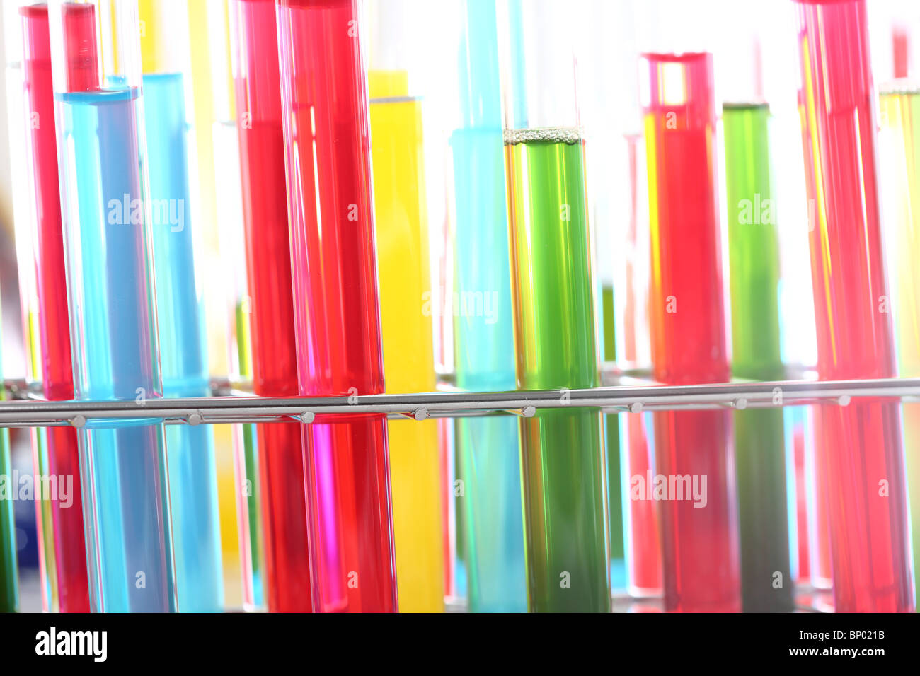 Different chemicals in test tubes, glass container, in a laboratory ...