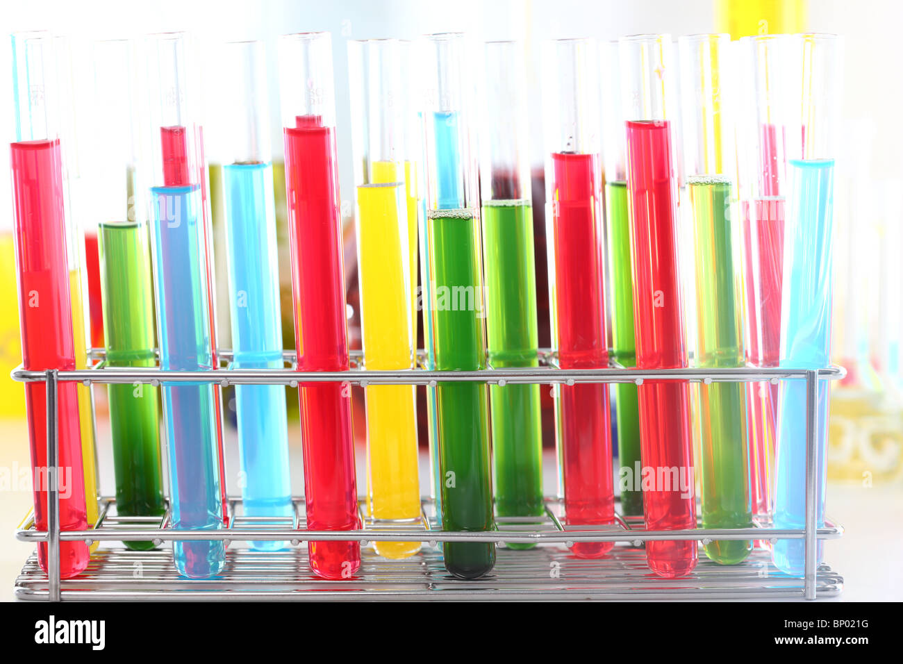 Different chemicals in test tubes, glass container, in a laboratory ...