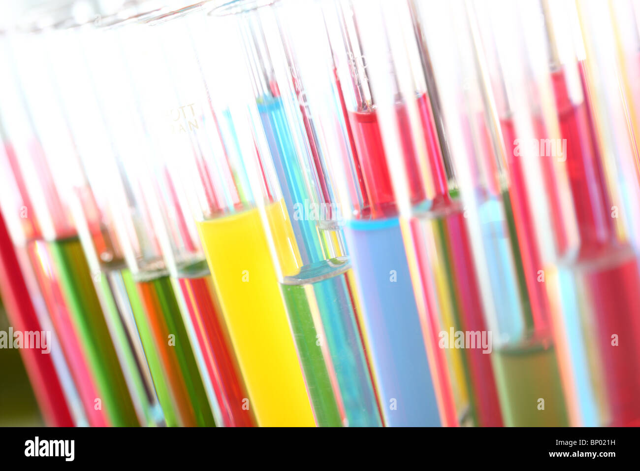 Different chemicals in test tubes, glass container, in a laboratory ...
