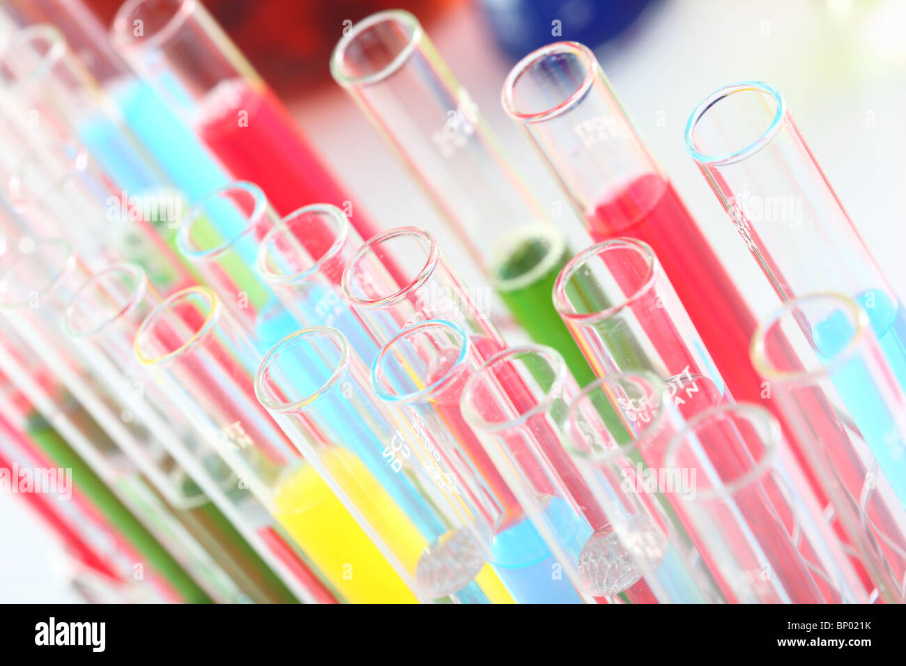 Different chemicals in test tubes, glass container, in a laboratory ...