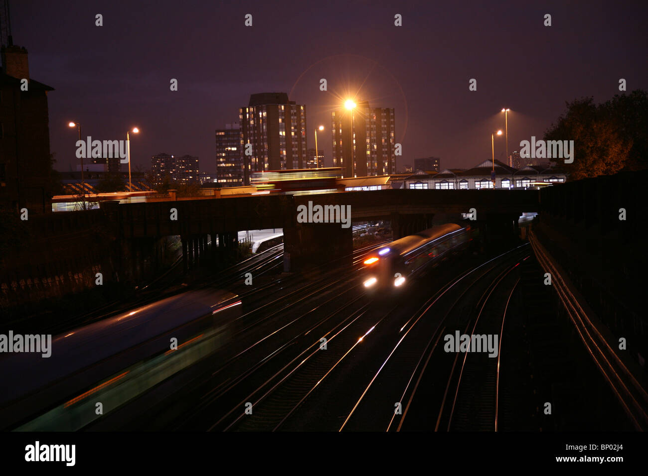 Night view of rail line and bridge at night in Clapham, London Stock ...