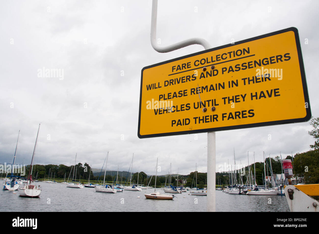 Fare collection sign on the ferry to Hawkshead in Windermere Stock ...