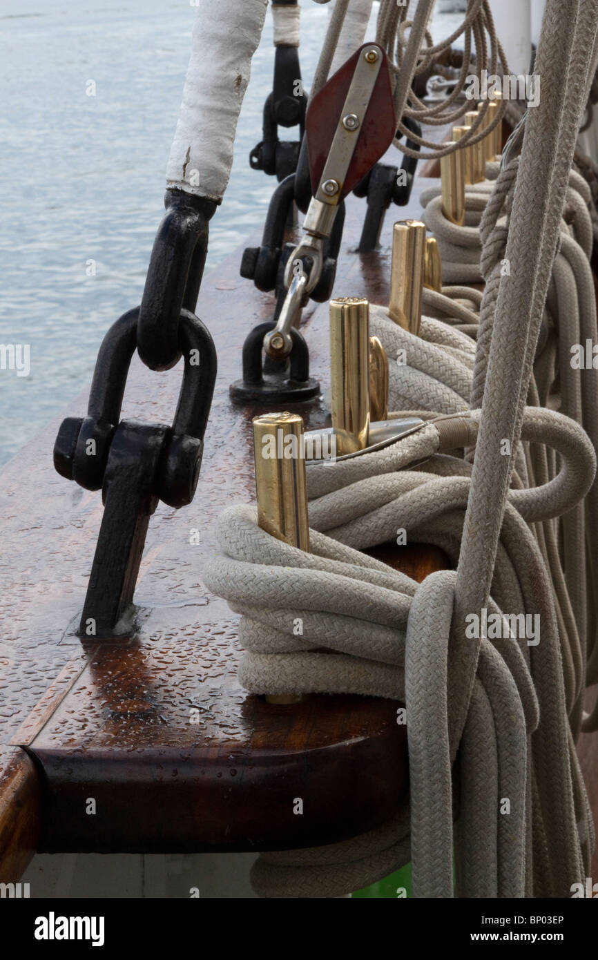 Old wooden Sailing ships tied ropes, martime knots at the Hartlepool ...