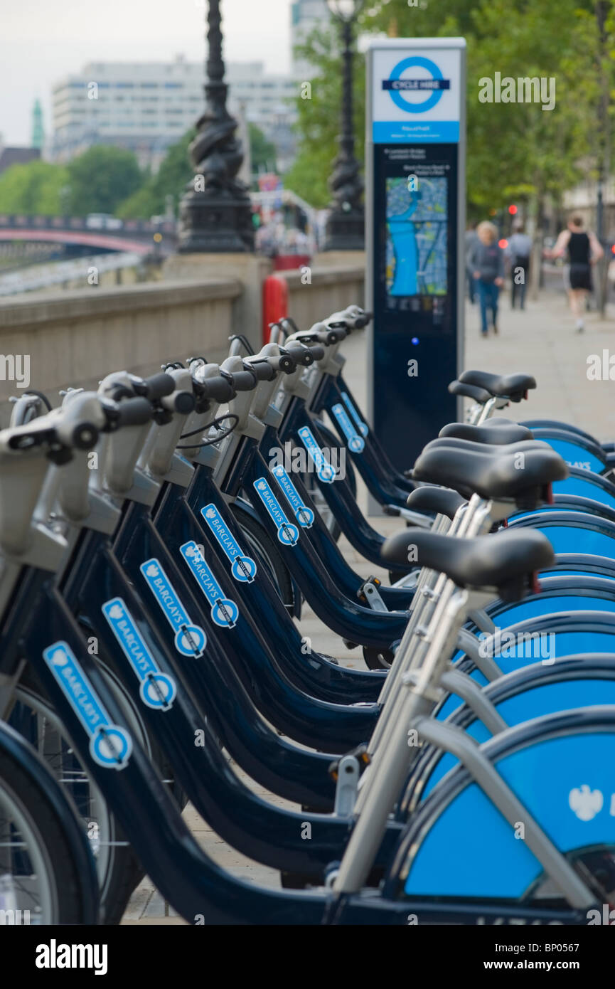 Bicycles that are part of the London rent a bike scheme on the banks of ...