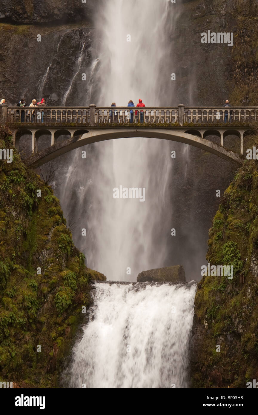 Tourists on the bridge at Multnomah Falls, the second highest year ...