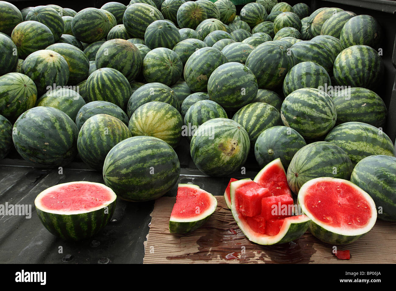 Watermelons in the back of a truck at a local farmers market Stock ...