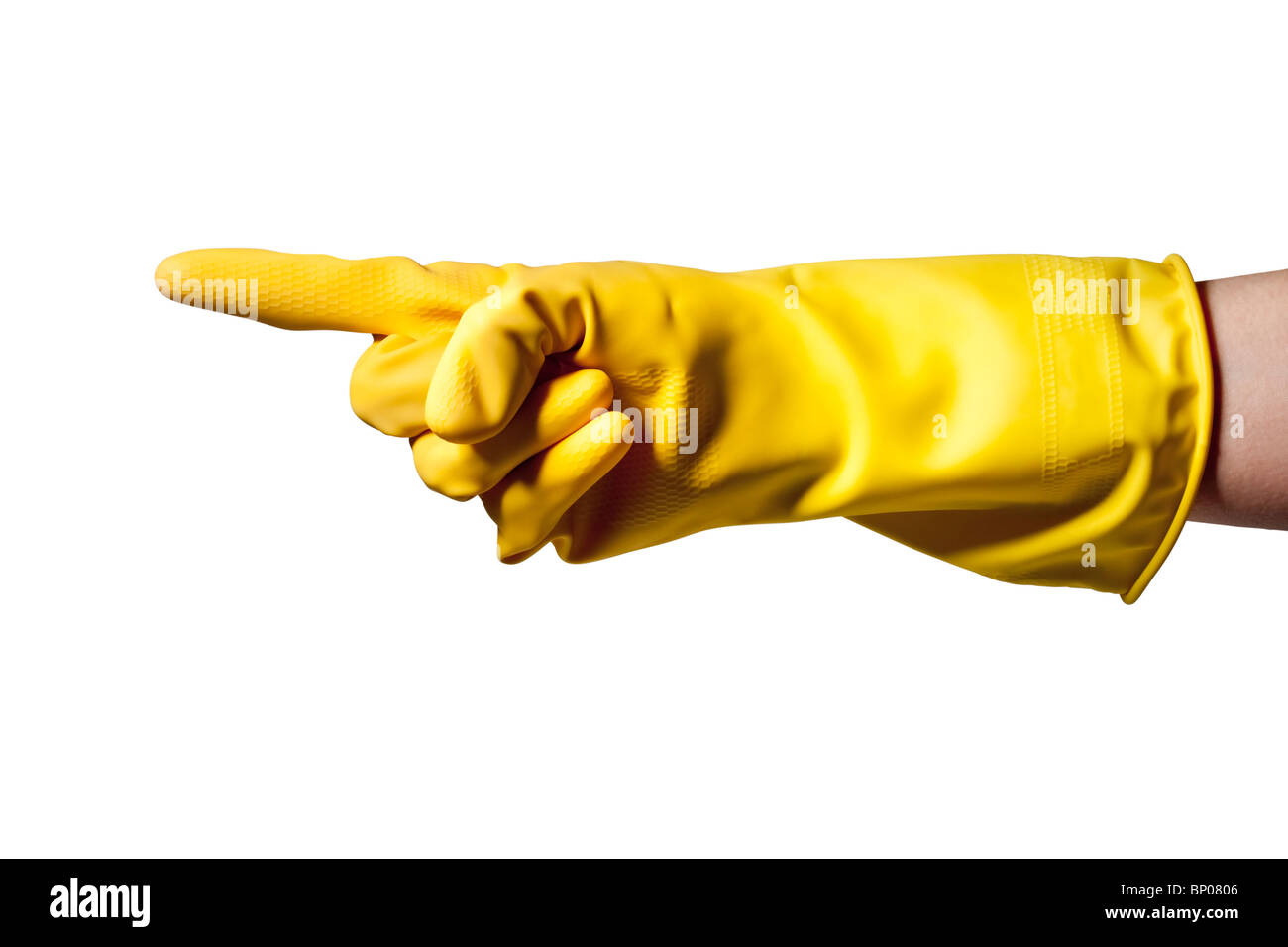 Pointing hand wearing yellow rubber glove isolated on white background ...