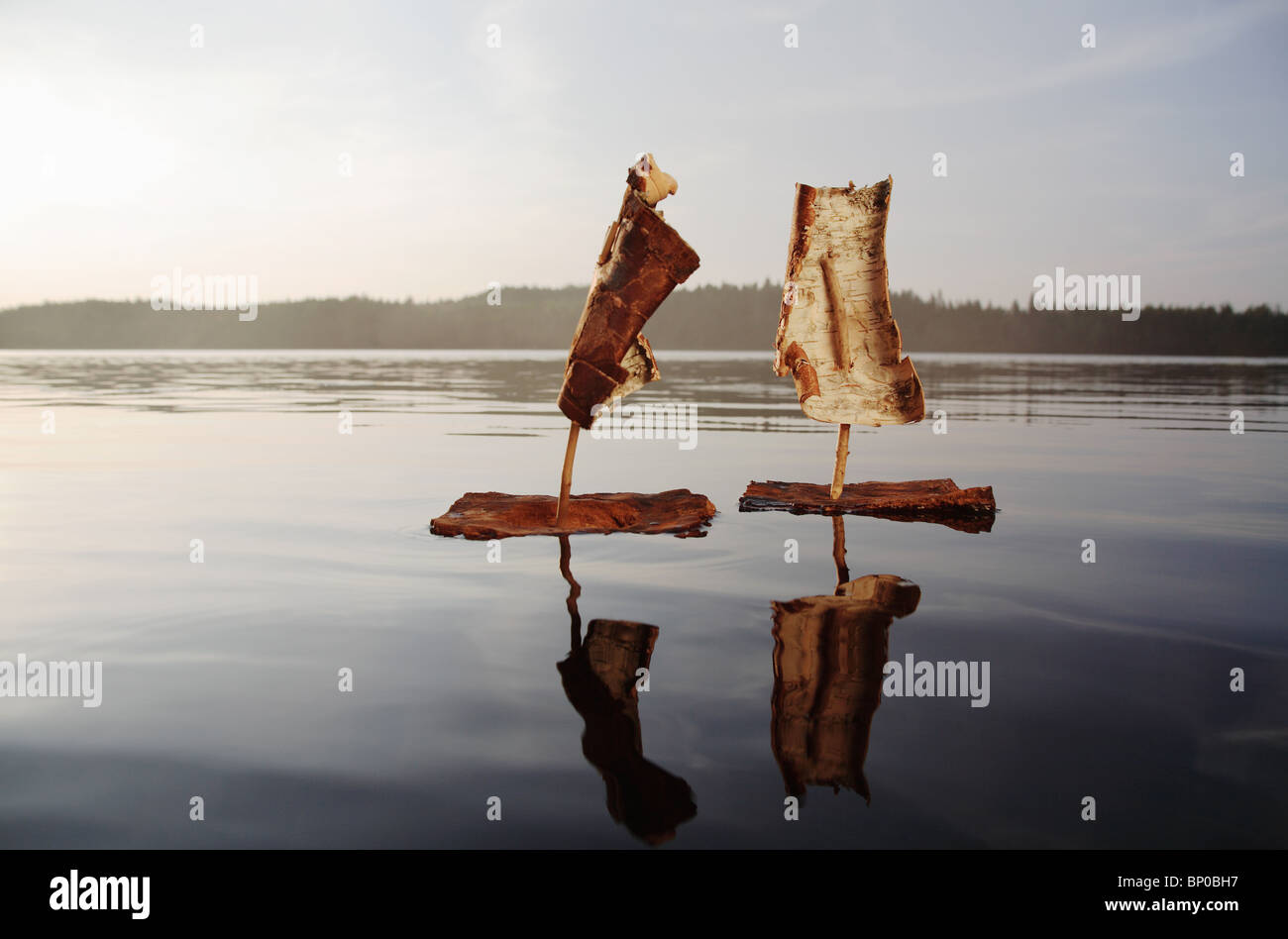 Two bark boats on a lake at sunset Stock Photo - Alamy