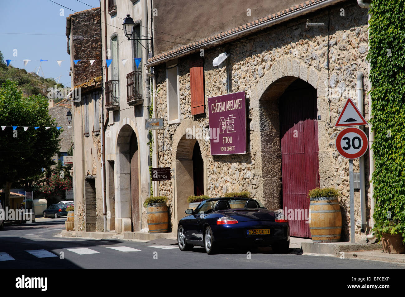 Wine selling cellars of Chateau Abelanet at Fitou a wine town in the ...