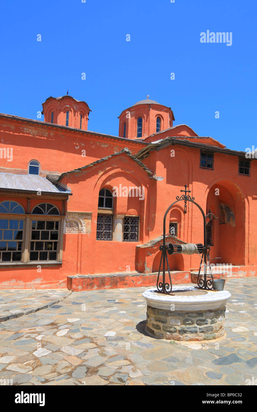 Red church and well inside Xenofontos Monastery on Mount Athos Stock ...