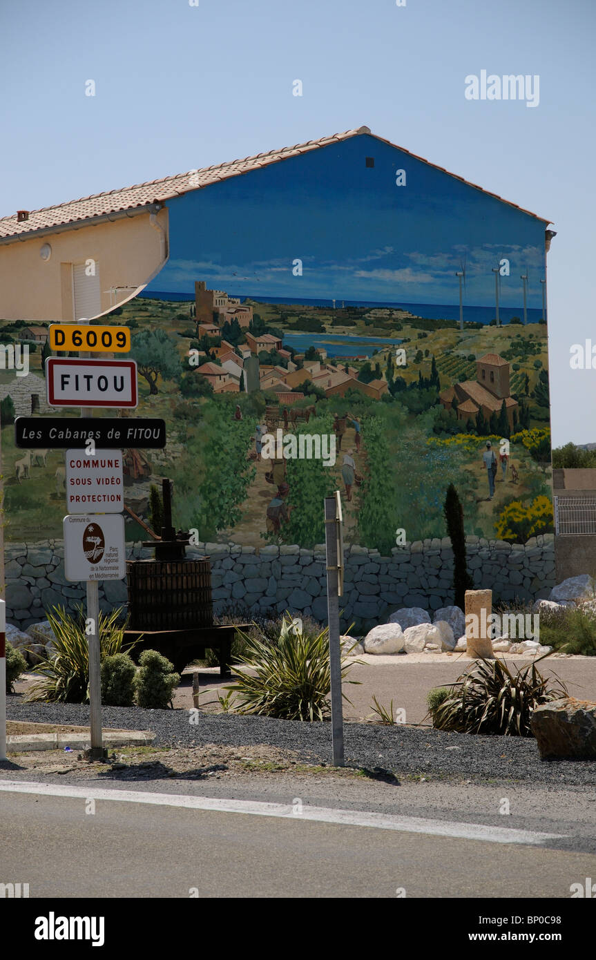 Mural painted on the side wall of a property in Fitou a wine producing ...