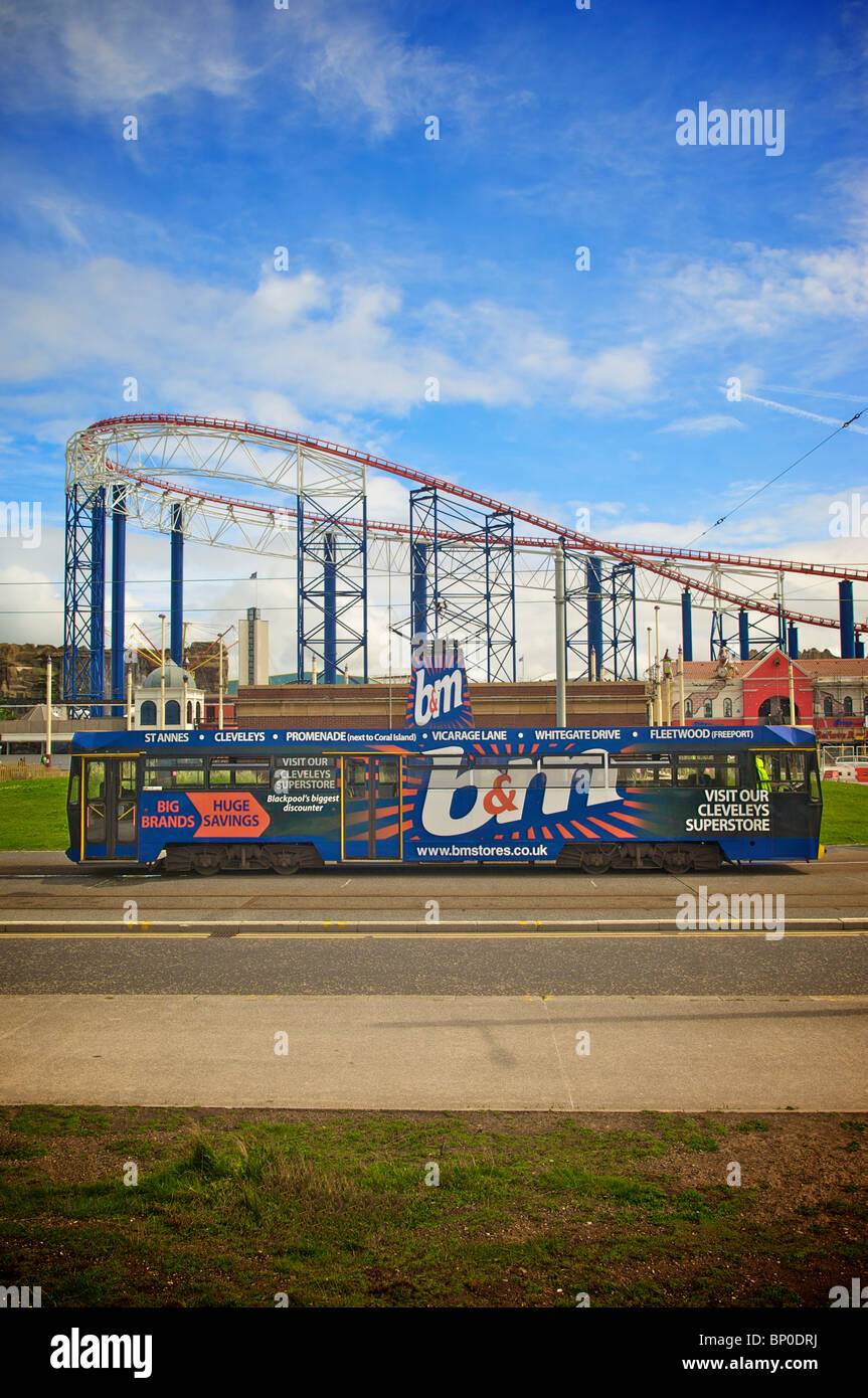 Blackpool tram at the Pleasure Beach amusement park Stock Photo - Alamy