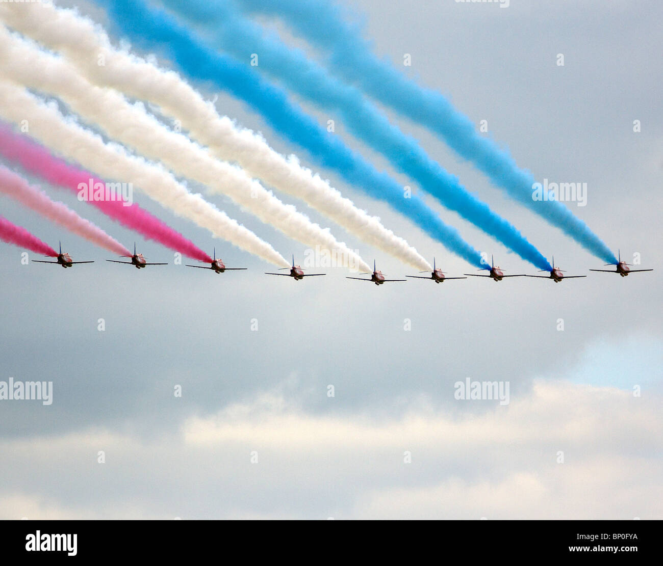 The RAF Red Arrows Aerobatic Team flying BAE Hawk T1 aircraft are ...