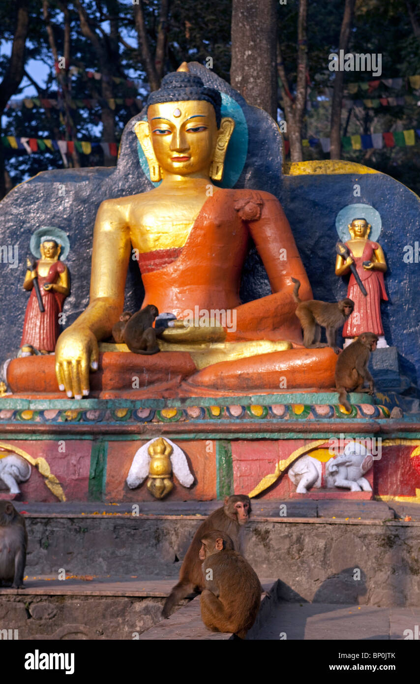 Nepal, Kathmandu, Swayambunath Temple (Monkey Temple) which sits a on a ...