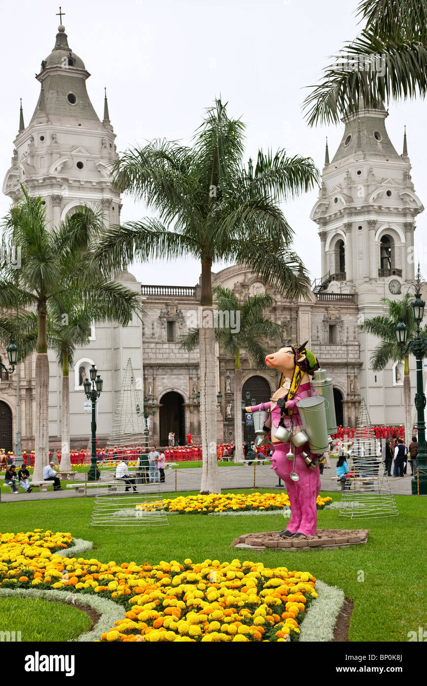 Peru. Plaza Mayor with Lima Cathedral. Attractive modern statues ...