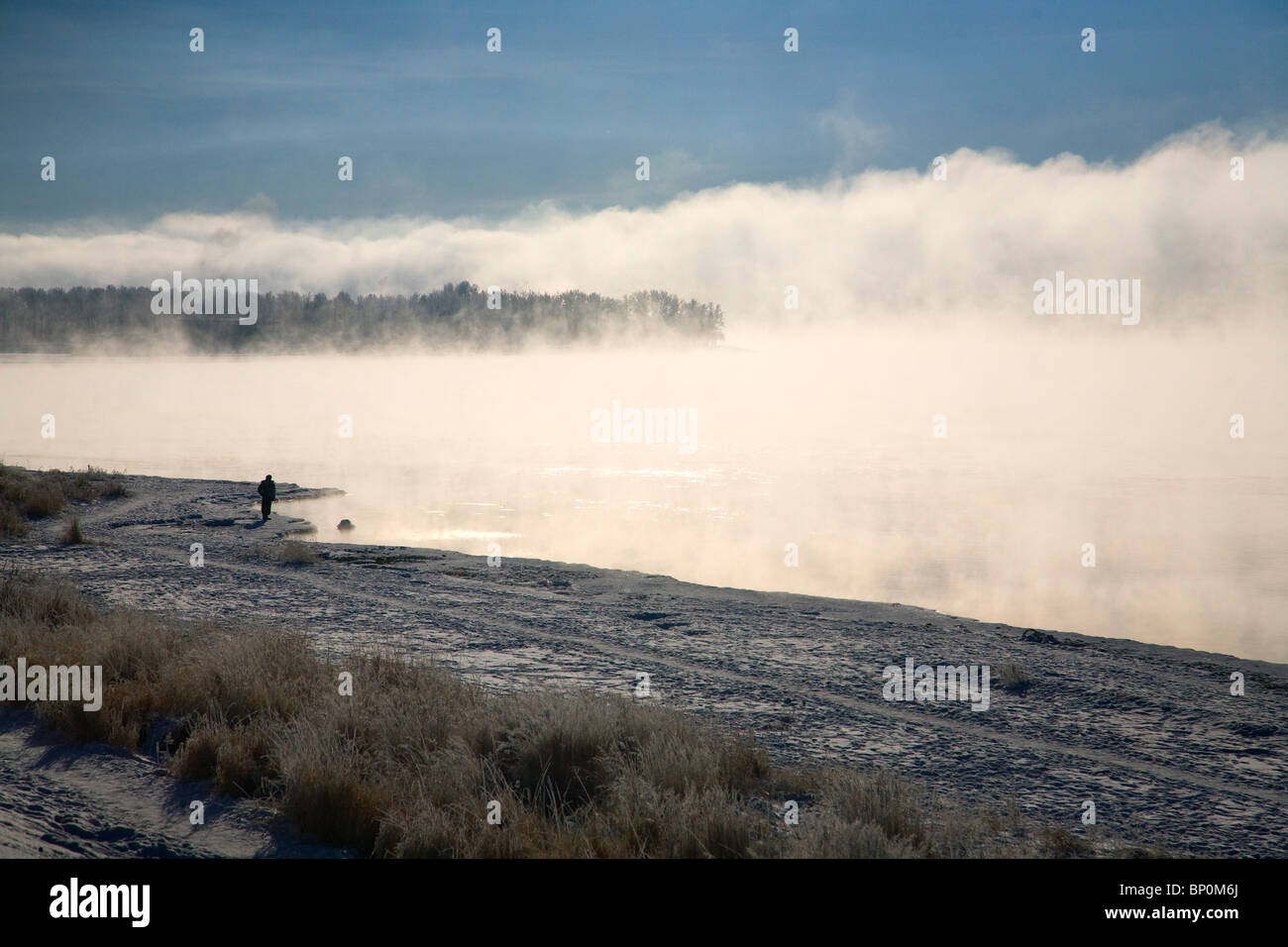 Russia; Siberia; Irkutsk; Steam forming over the River Angara due to ...