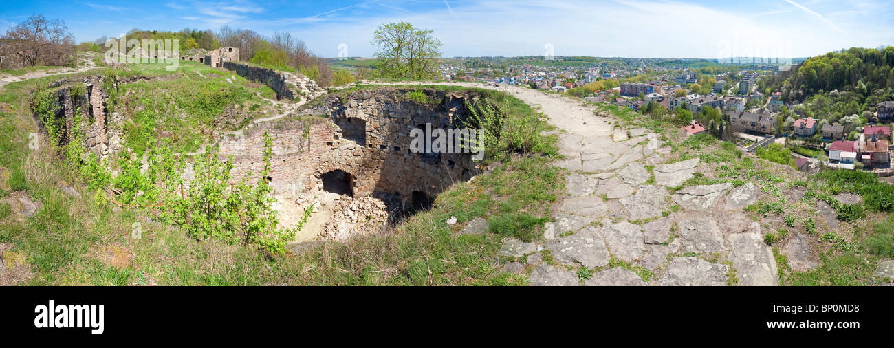 Spring view of Terebovlia castle ruins and Terebovlya town on the right ...