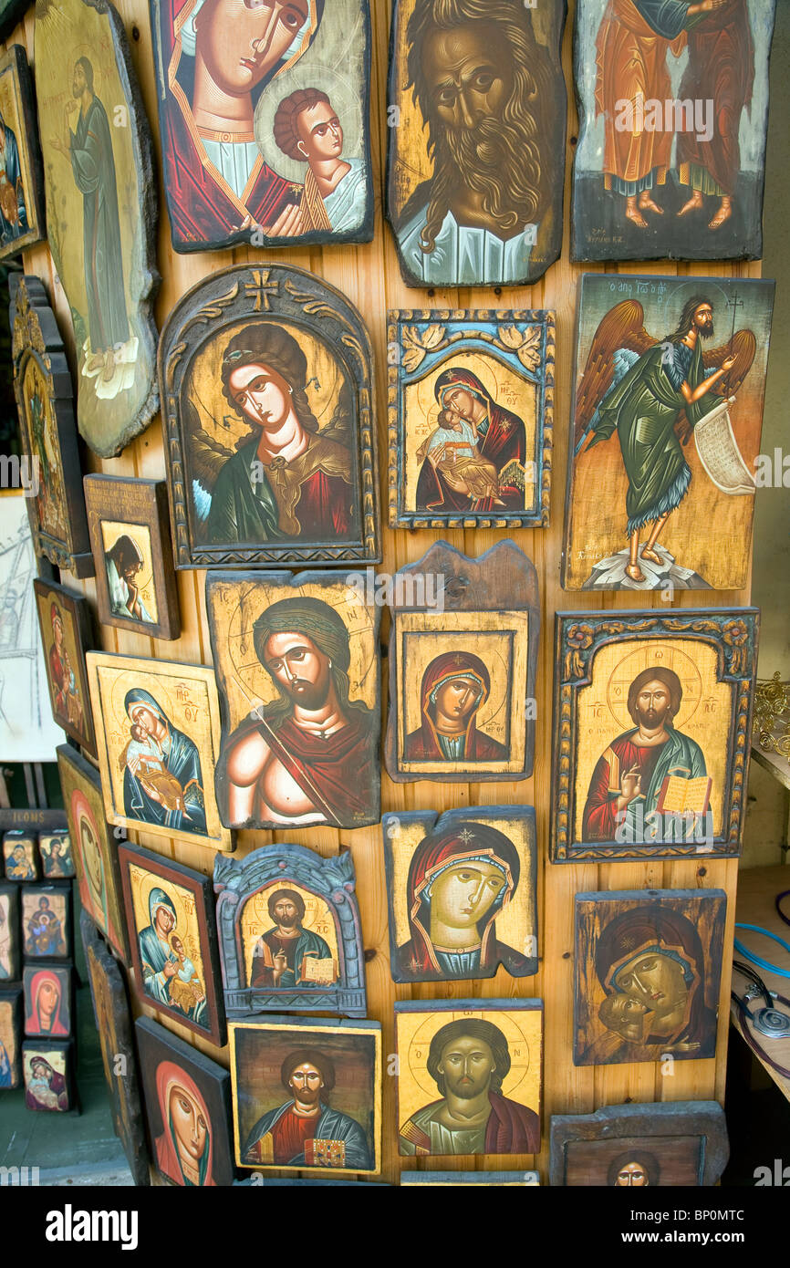 Painted Greek religious icons on display, Rhodes, Greece Stock Photo ...