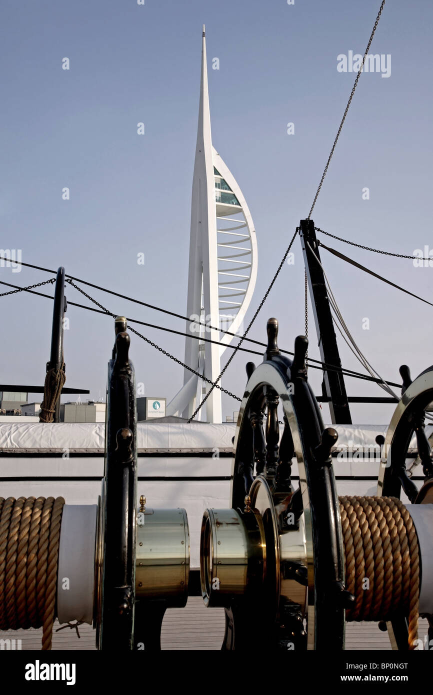 HMS Warrior Ships Wheels with the Spinnaker Tower Stock Photo - Alamy