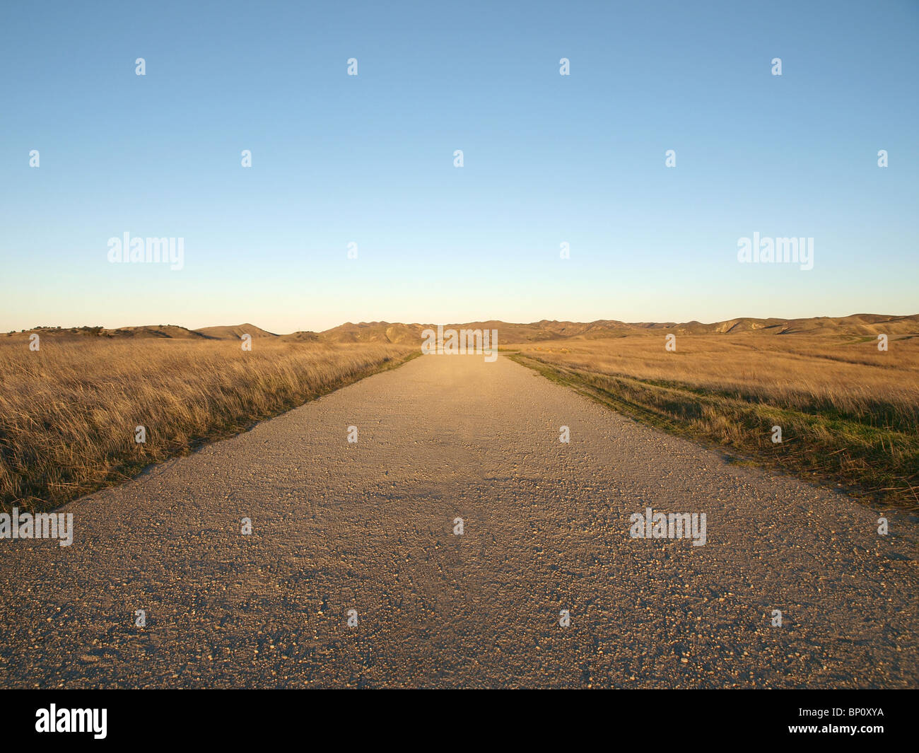 A simple empty gravel road through beautiful ranch grass lands Stock ...