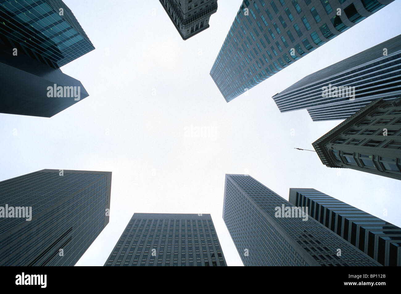Wide angle view of tall buildings in financial district, San Francisco ...