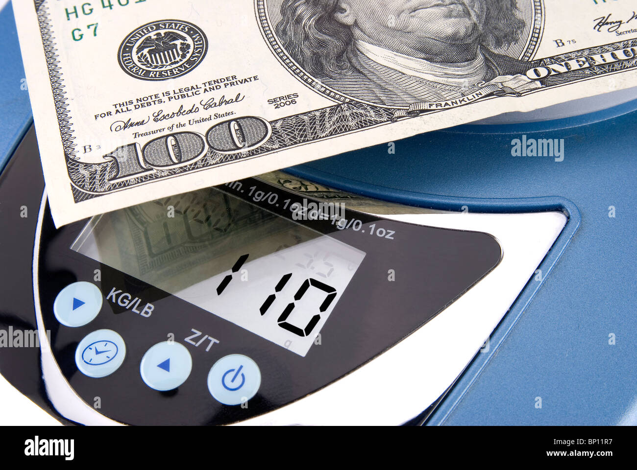 The hundred dollars banknote on the weight Stock Photo - Alamy
