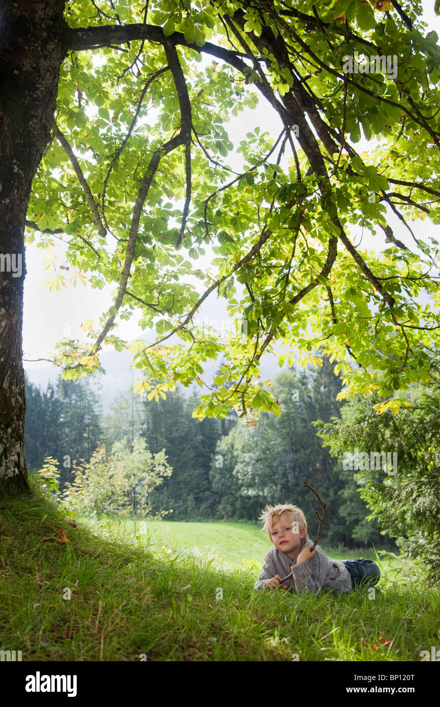 Boy lying under a tree Stock Photo - Alamy